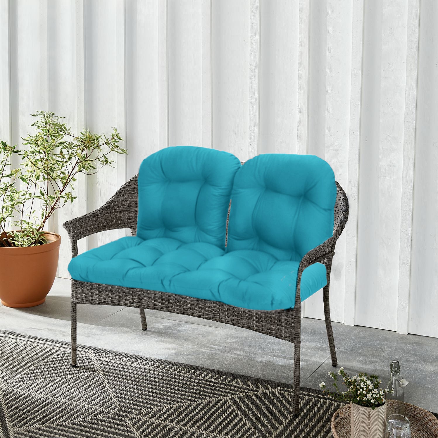 Outdoor Rattan Furniture 2-Seater Tufted Bench Cushions — GardenistaUK ...